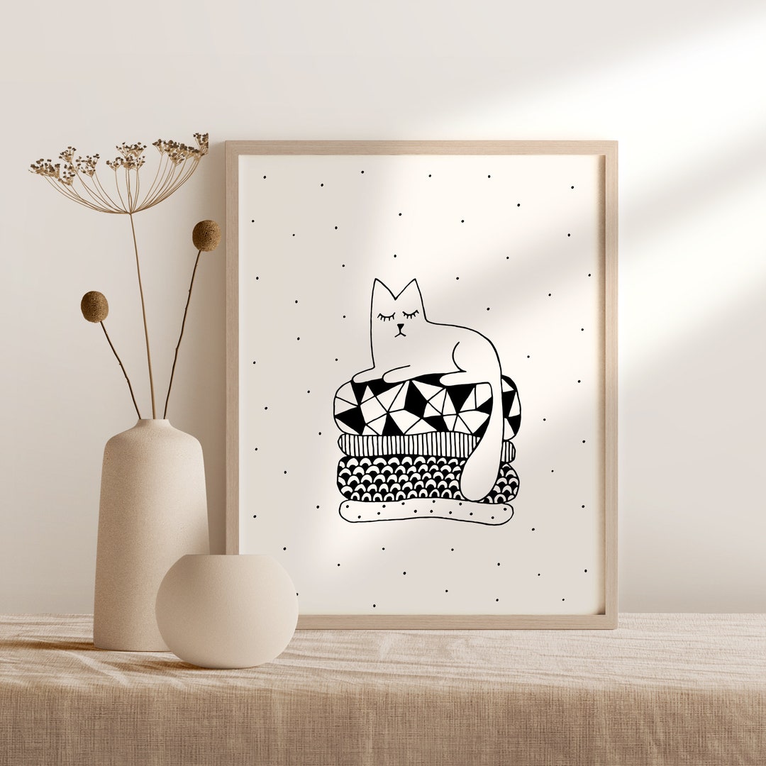 Hand Drawn Cat Digital Print, Printable Wall Art - Etsy