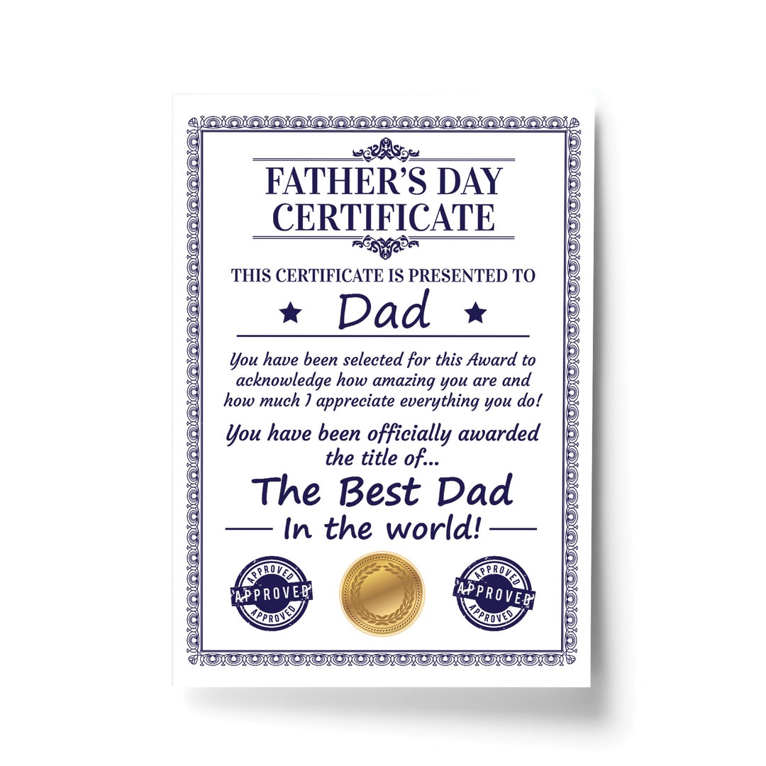Dad Certificate for Fathers Day Gift for Dad From Daughter Son Thank ...