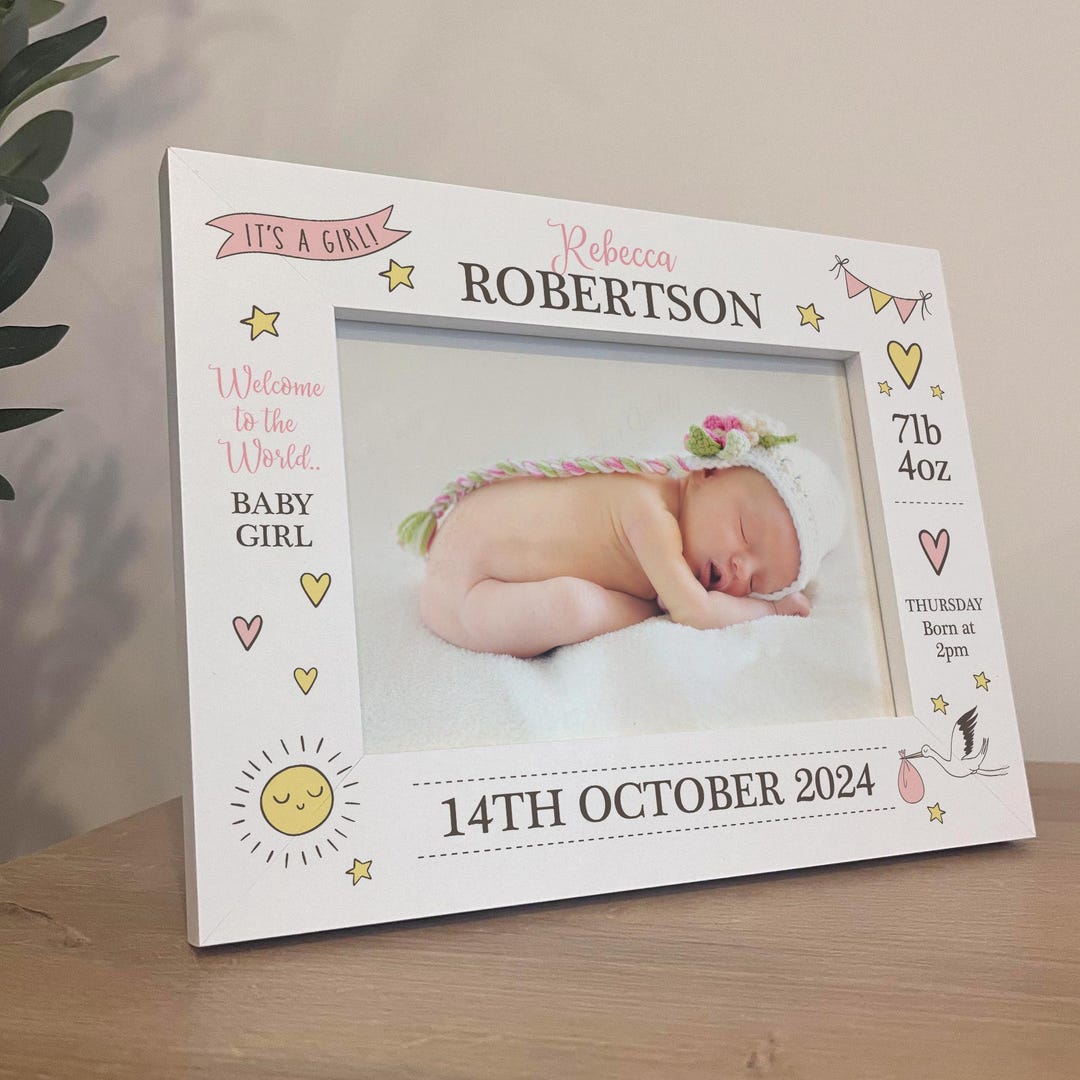 Personalised Baby Girl Photo Frame With Birth Details and Cute ...