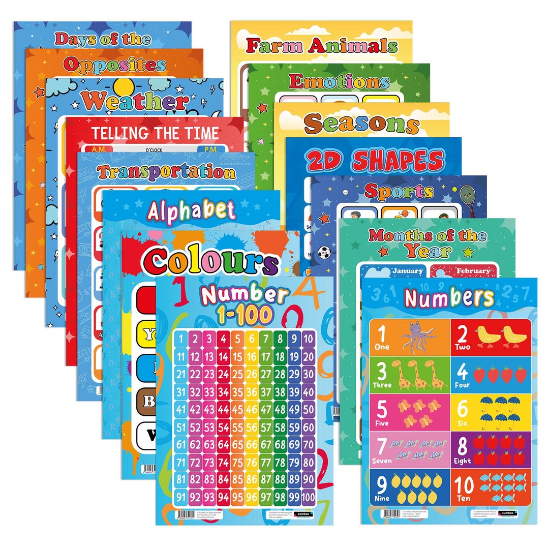 Sumbox Educational Posters 15 Pack A3 Size Early Years Learning Wall ...