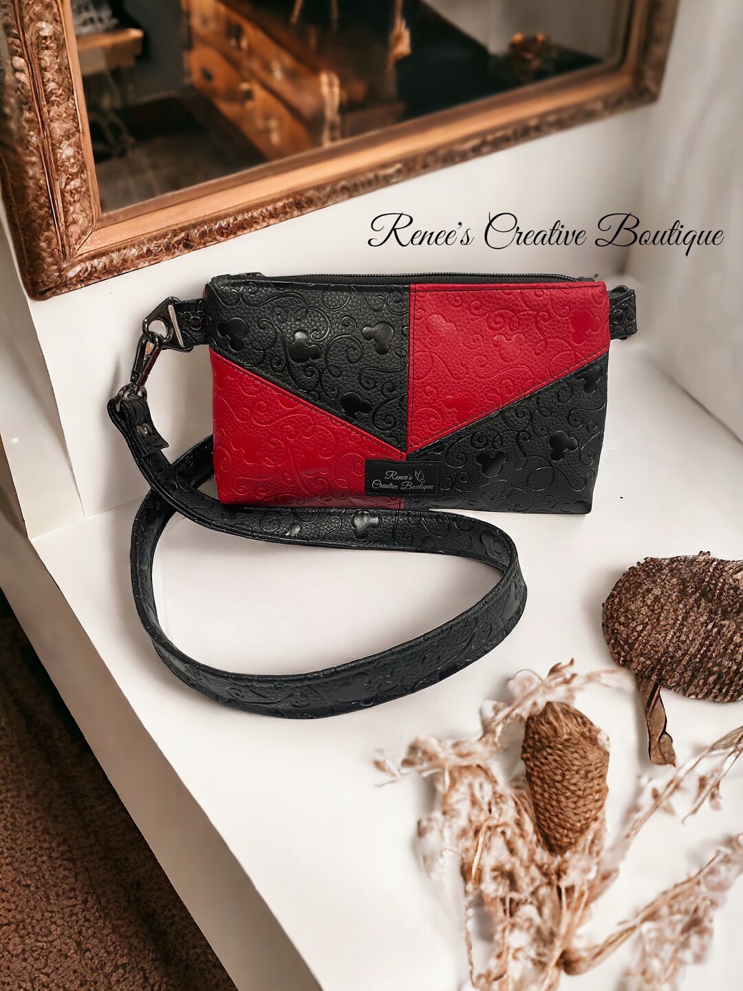 Red Black MM Crossbody. Embossed Vinyl, Coordinating MM Cotton Fabric ...
