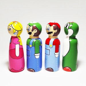 Mario Set Peg Dolls, Video Game Heroes, Wooden Dollhouse Figures, Mario ...