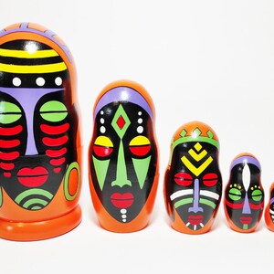 African Masks Decor Nesting Dolls Modern African Art Tribal Wooden ...