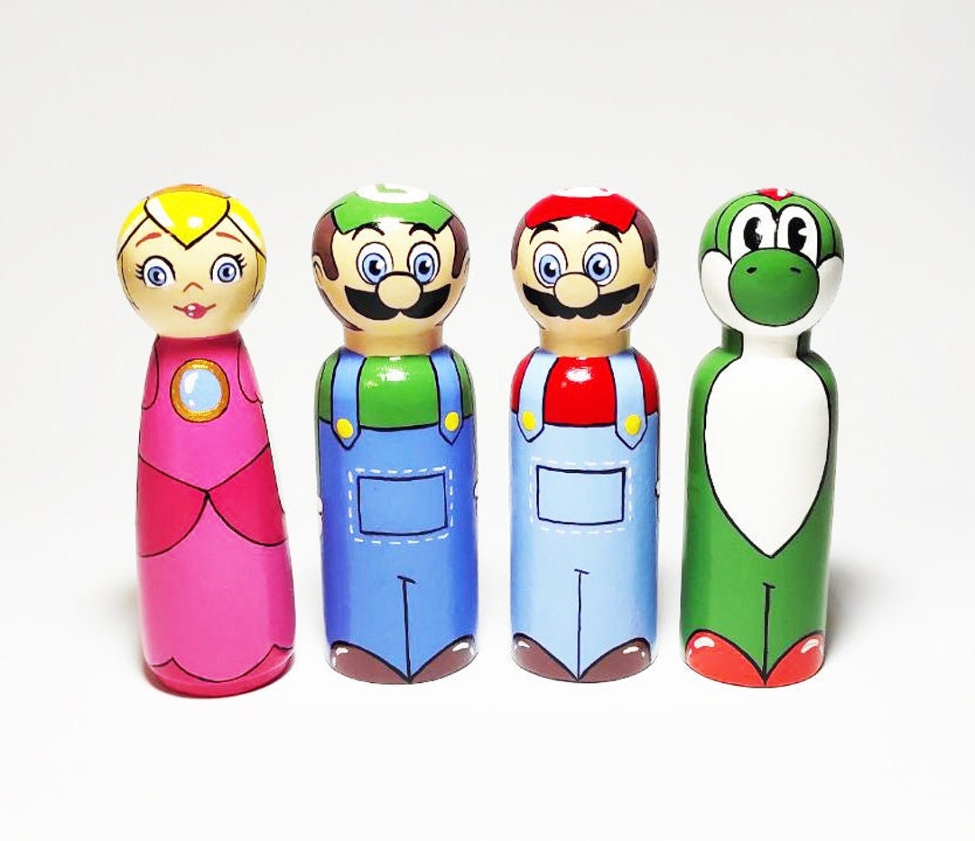 Mario Set Peg Dolls, Video Game Heroes, Wooden Dollhouse Figures, Mario ...