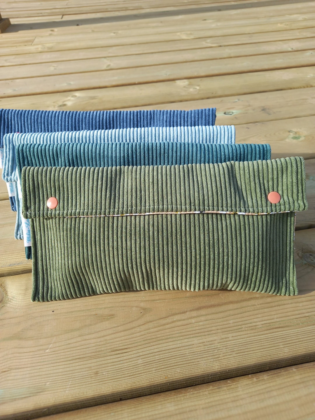 Pretty Flap Pouch in Khaki Corduroy and Beige Cotton Fabric With Floral ...