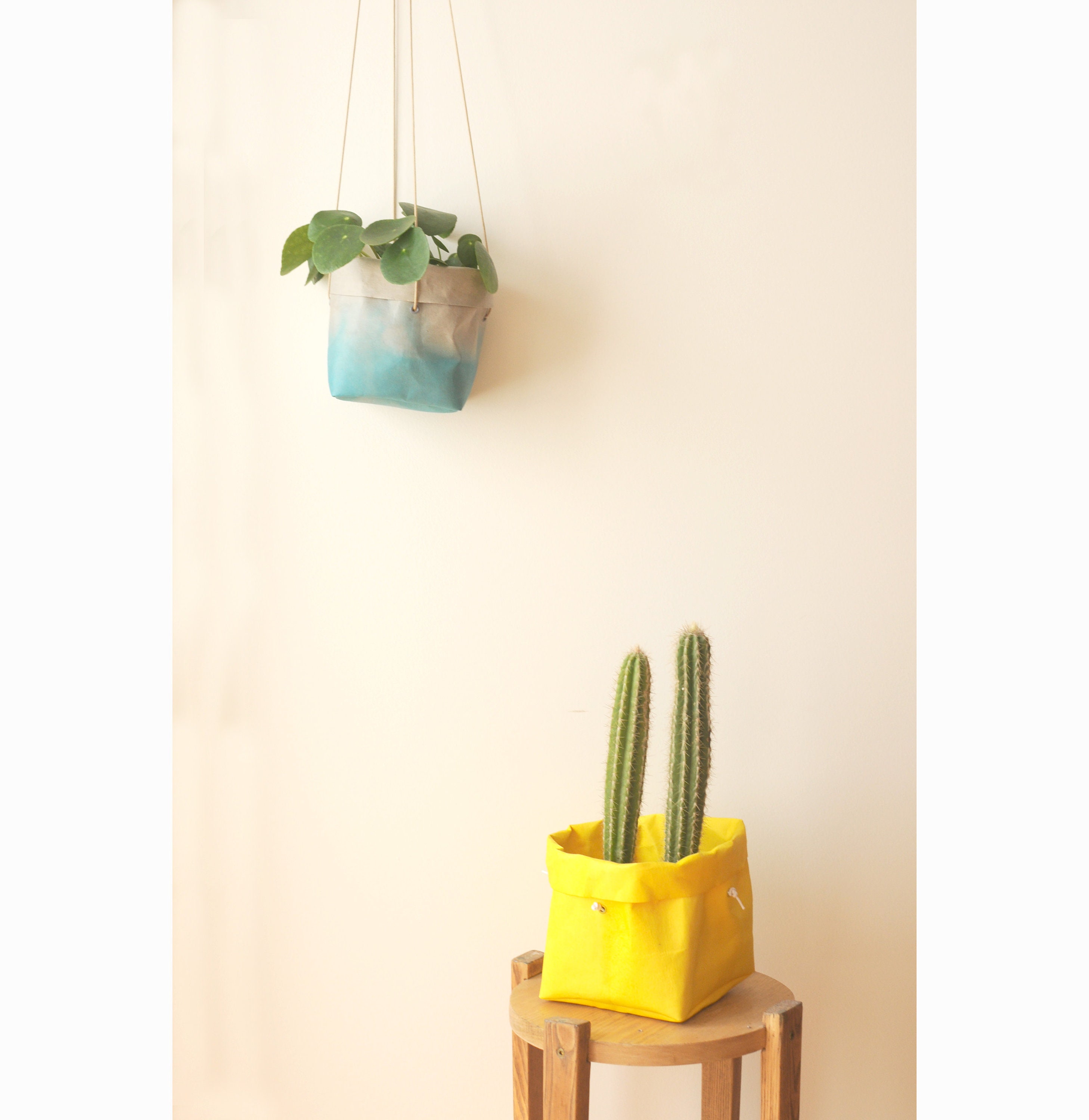 Yellow Vegan Leather Hanging Planter, Washable Paper Plant Pot - Etsy