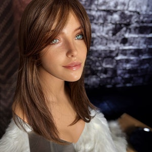 Coquette Warm Medium Brown Ombre Topper Light Bangs Heat Safe Synthetic ...