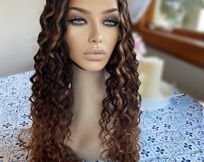 Lora Straw Curl Mono Top Hand Tied Balayage Wig Warm Brown Caramel ...