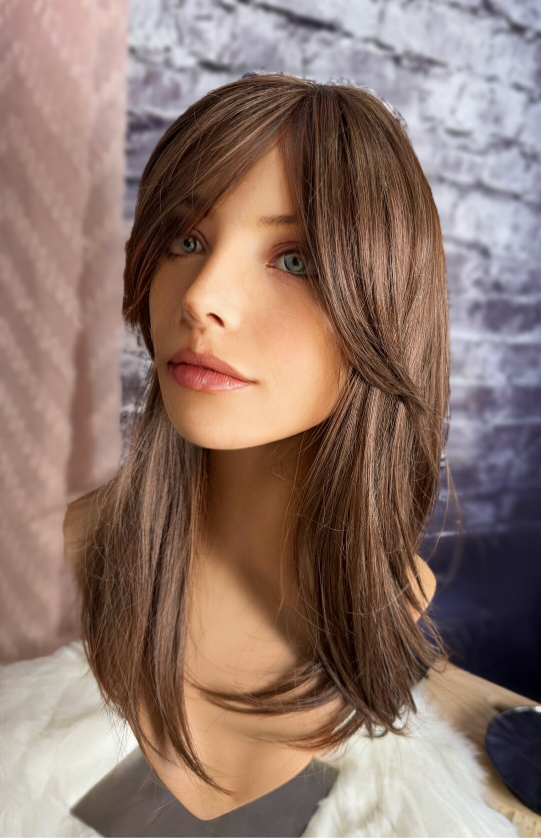 Coquette Warm Medium Brown Ombre Topper Light Bangs Heat Safe Synthetic ...