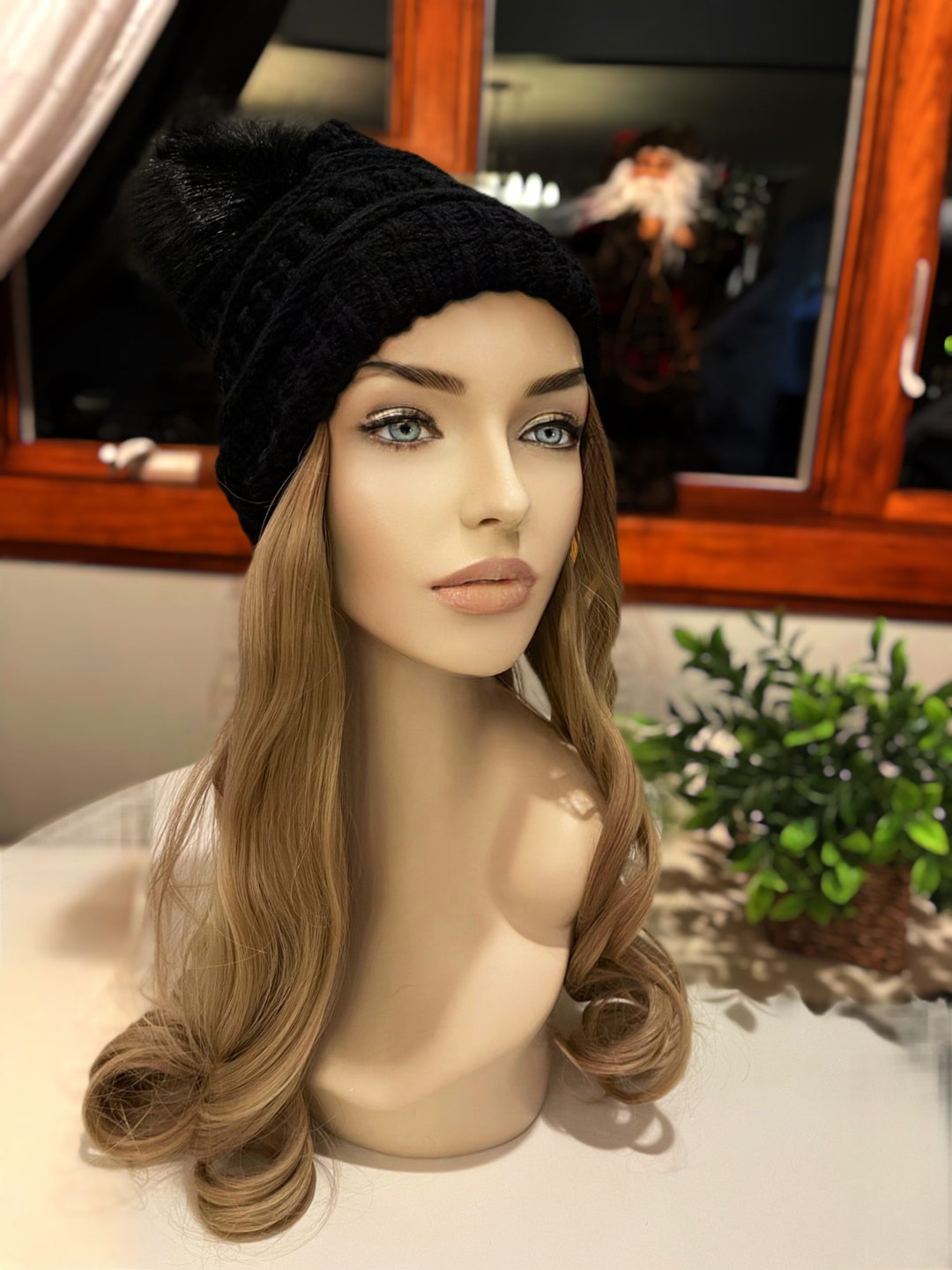 Silvia Warm Wig Hat Wig Hair Black Wig Beanie With Detachable Pouf ...