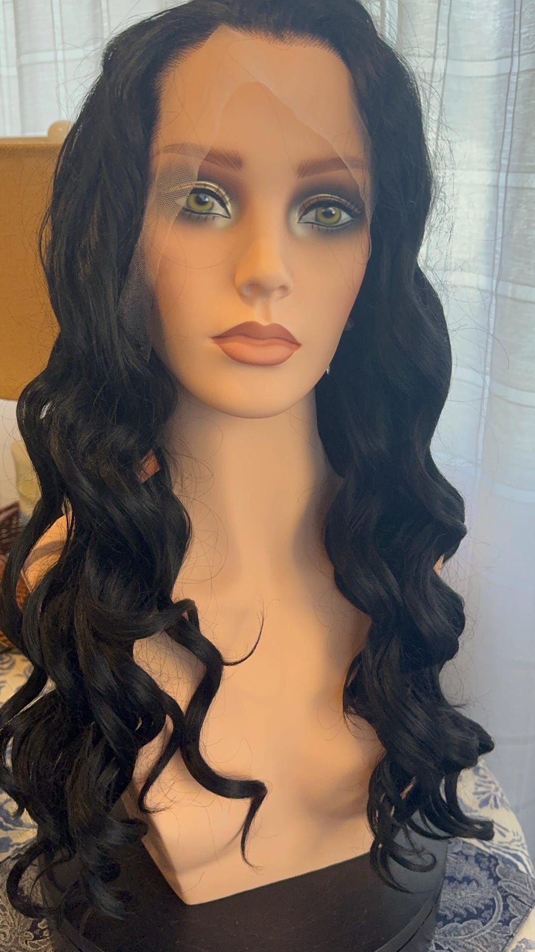 Estella Full Density Long Wig Curly Wig Lace Front Black Wig Hand Tied ...