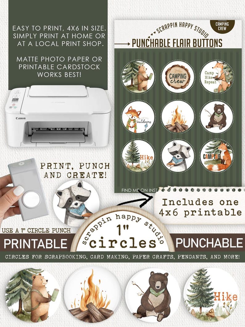 Camping Crew 1 Inch Circles, Printable Craft Circle, Scrapbooking Camp ...