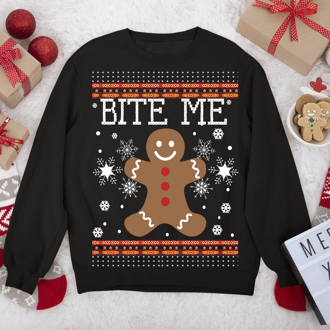 Gingerbread Man Ugly Christmas Sweater, Bite Me Shirt, Christmas ...