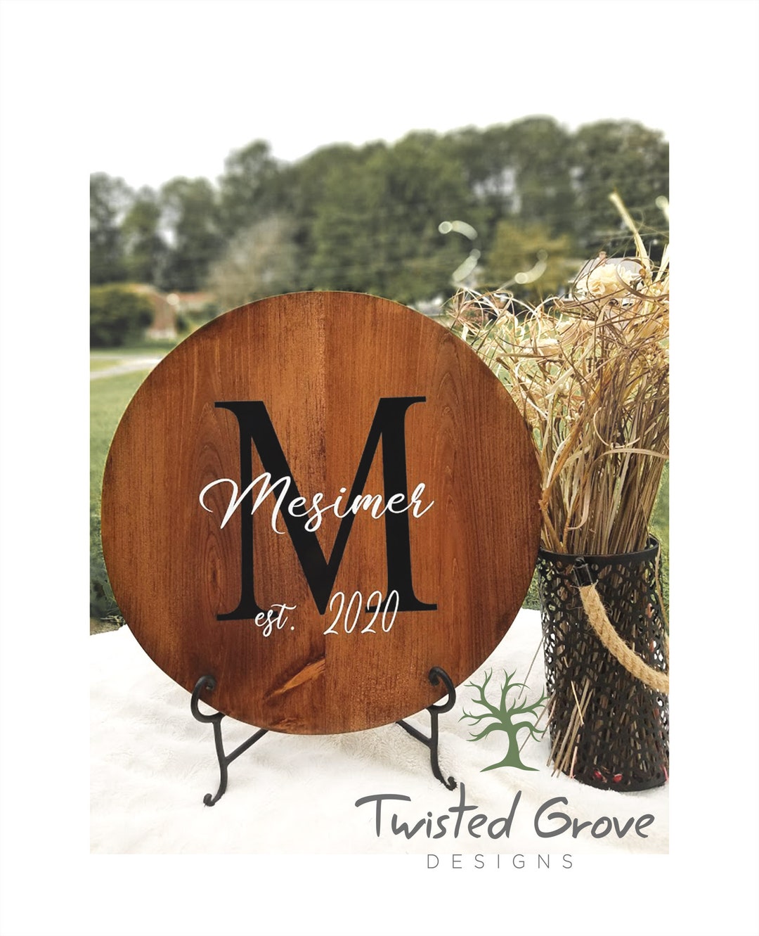 Monogram Circle Wood Established Sign | Wedding Guest Book Sign | Round ...