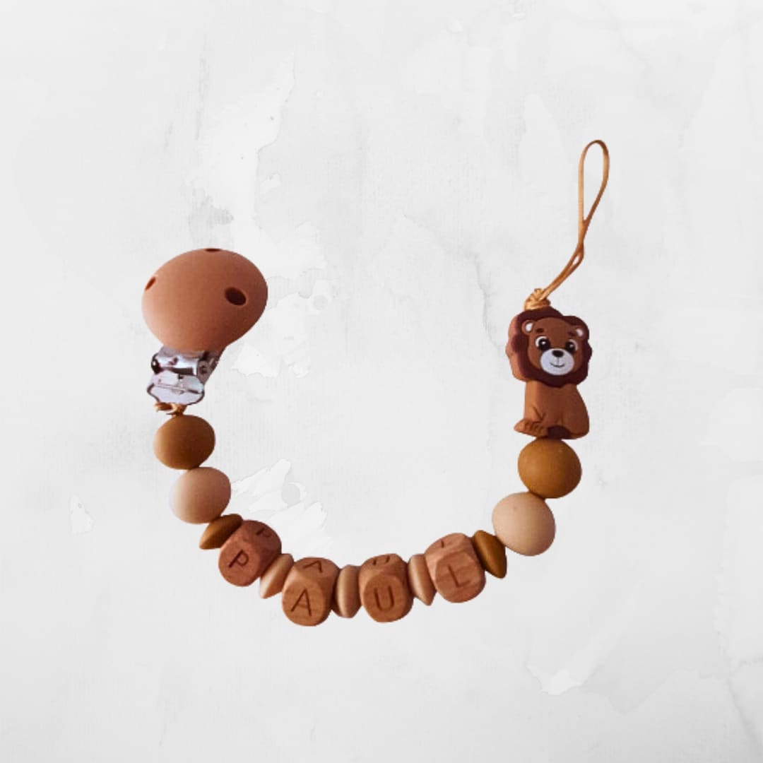 Personalized Pacifier Clip Lion Wooden Letters - Brown Lion Birth Gift ...