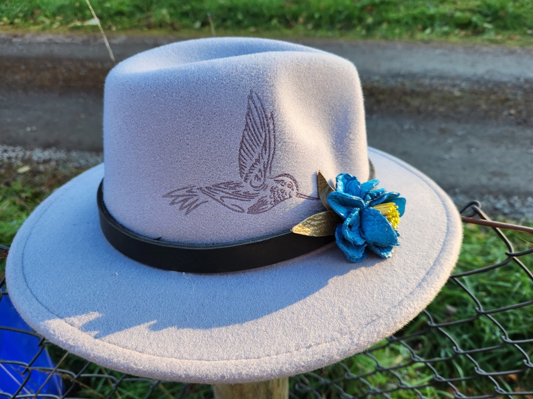 Hummingbird Engraved Hat: Gray Fedora With Leather Band & Blue Flower ...