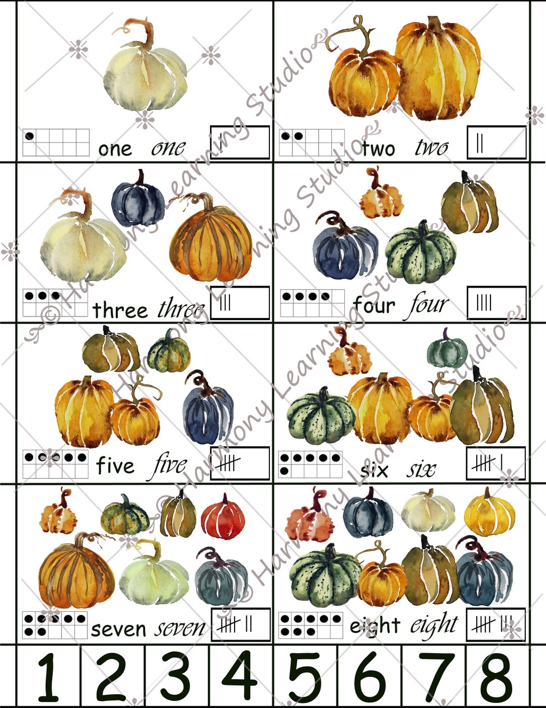 Watercolor Pumpkins Counting Cards, Numbers 1-12 - Etsy