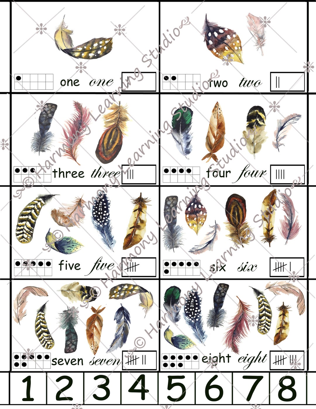 Watercolor Feathers Counting Cards 1-12 - Etsy