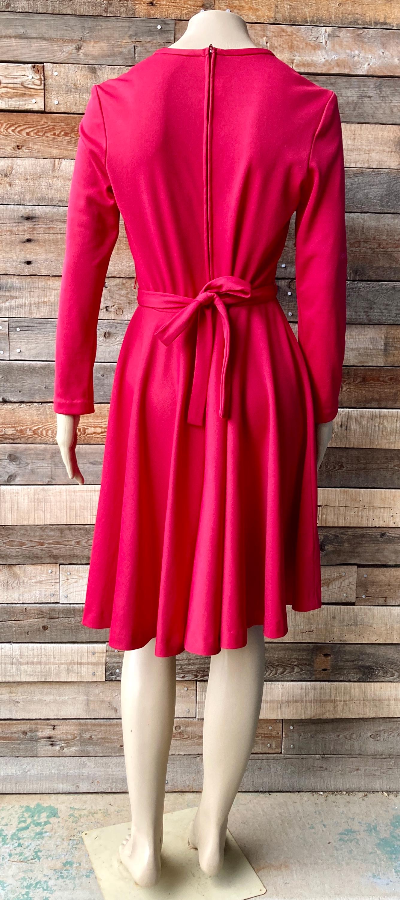 Vintage 1960's Red Polyester Dress With Long Sleeves, Keyhole Neckline ...
