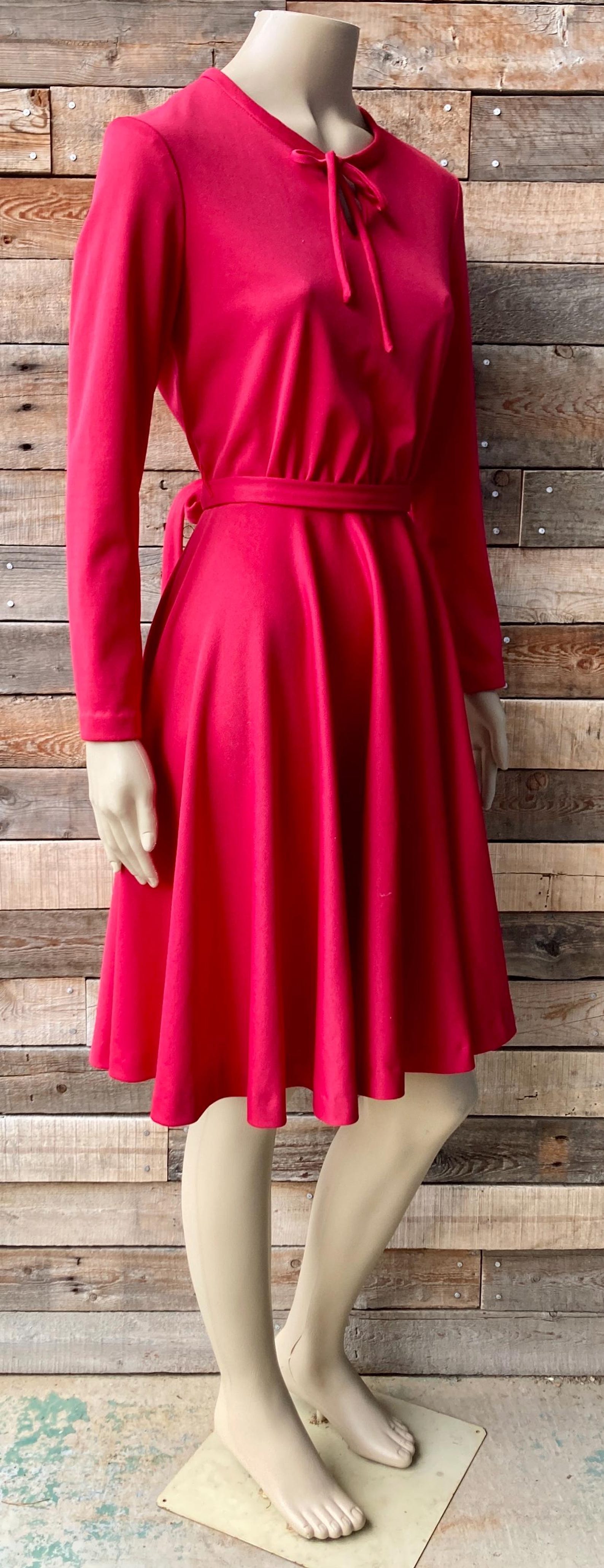 Vintage 1960's Red Polyester Dress With Long Sleeves, Keyhole Neckline ...