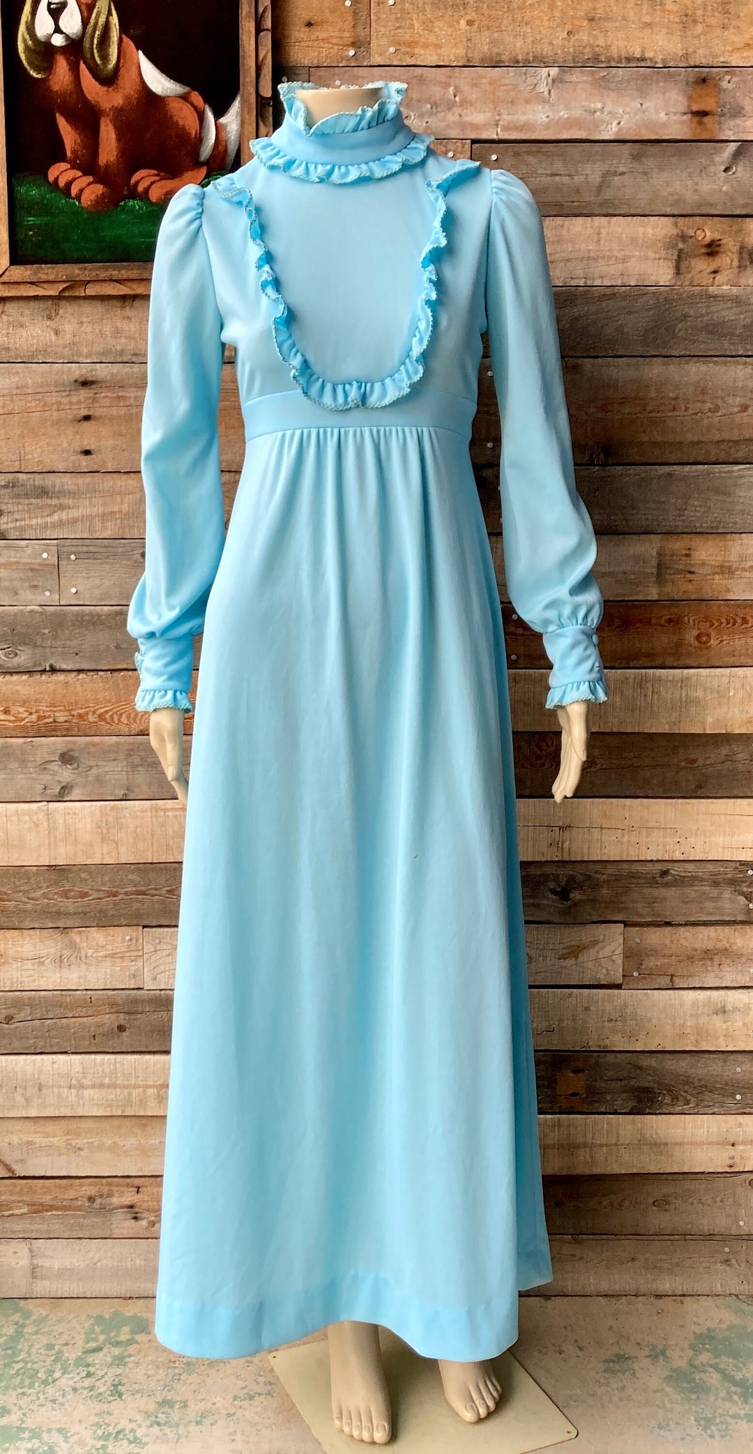 Vintage 1970's Boho Sky Blue Prairie Country Maxi Dress With Ruffled ...