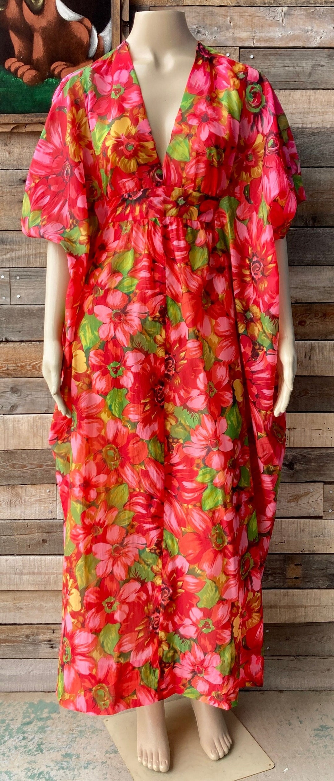 Vintage 1960's Chiffon Floral Kaftan Mumu in Red and Pink Flower Print ...