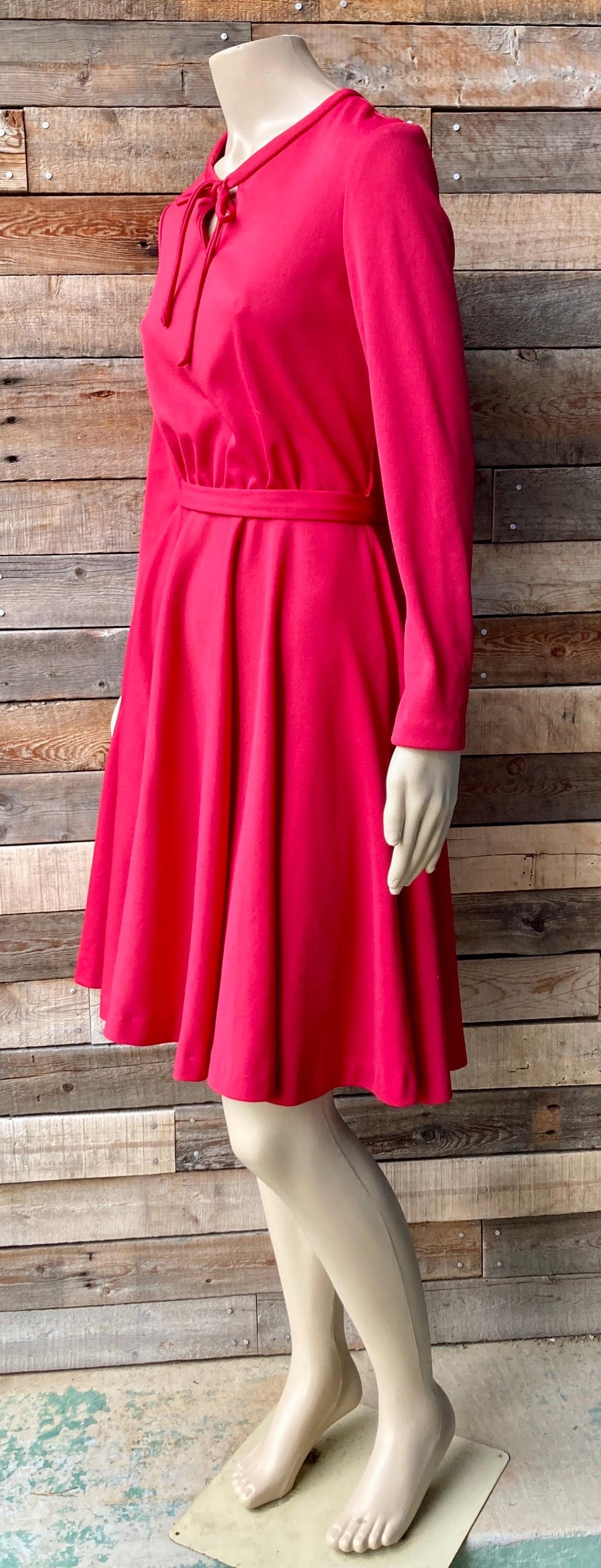 Vintage 1960's Red Polyester Dress With Long Sleeves, Keyhole Neckline ...