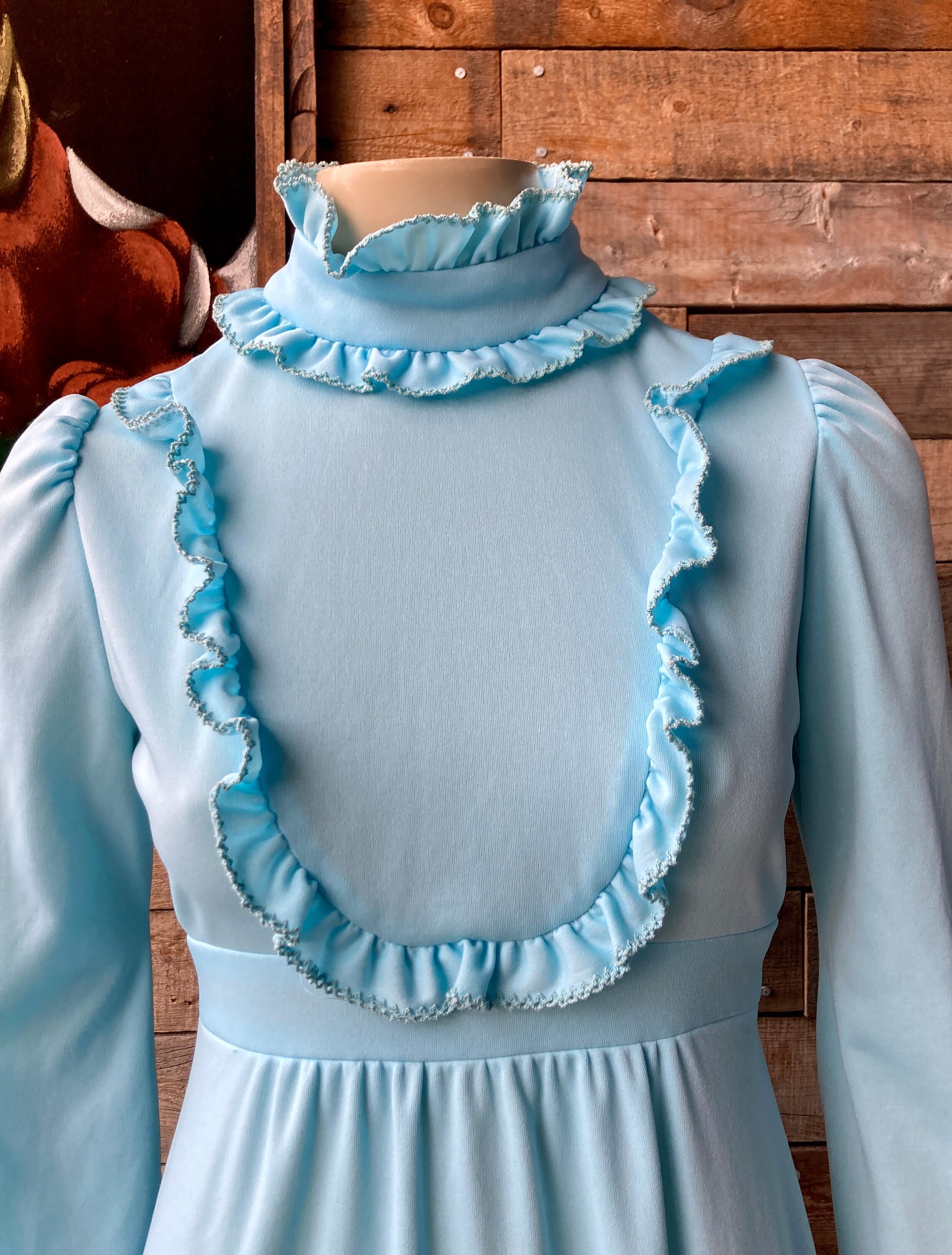 Vintage 1970's Boho Sky Blue Prairie Country Maxi Dress With Ruffled ...