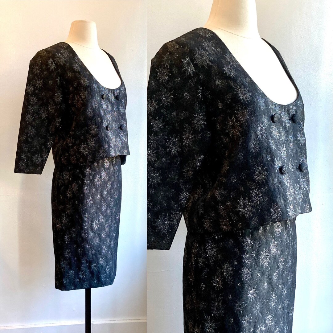 Vintage 60s Mod Skirt Suit / Black With Silver Metallic Brocade ...