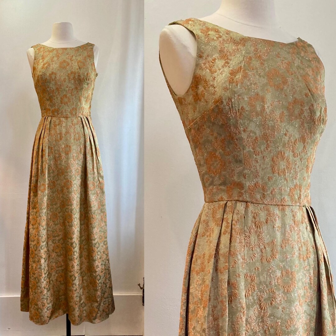 Vintage 60s Party Dress / Sparkly Mod Maxi Dress / Gold Metallic Floral ...