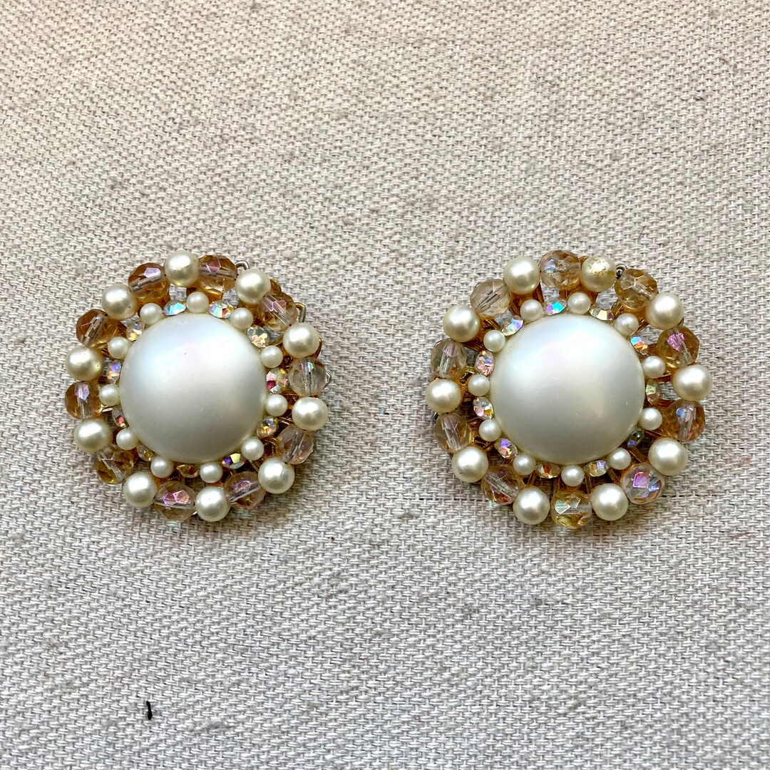 Vintage 50s 60s PEARL + RHINESTONE Earrings / Pink Rhinestones / 1.5 ...