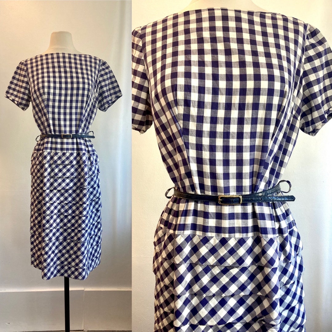 Vintage 50s Preppy GINGHAM Check Day Dress / Tiered Pleat Skirt + Side ...