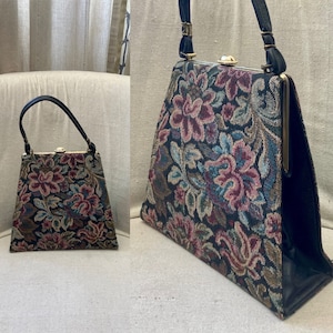 Vintage 60's Handbag / Dark Floral Tapestry / Triangle Shape / Gold ...