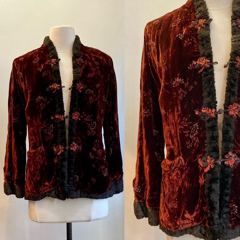 Vintage 70s VELVET Blazer Reversible Faux Fur/ Hand Painted FLORAL ...