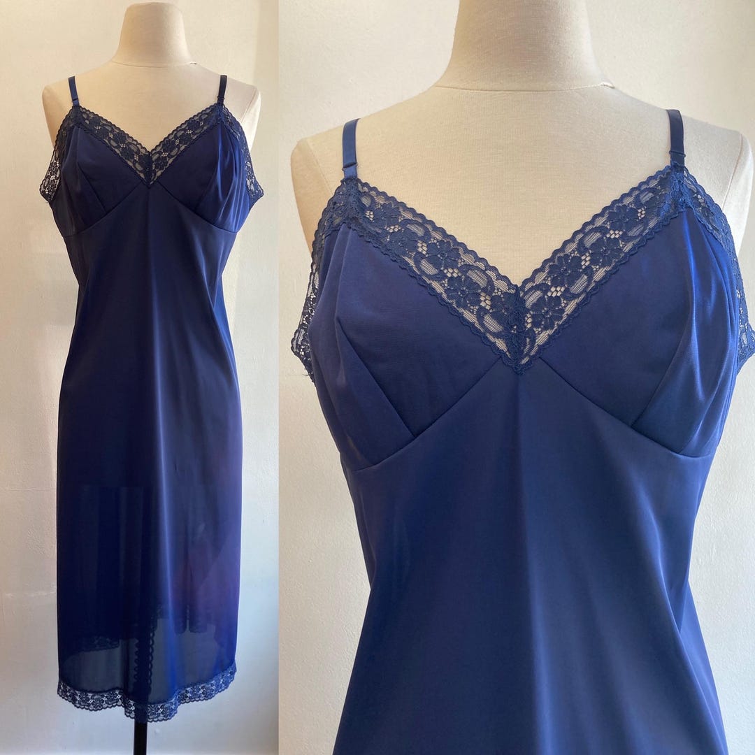 Vintage Navy Blue Nylon Slip Dress: Vanity Fair Lace Trim (size 40) - Etsy