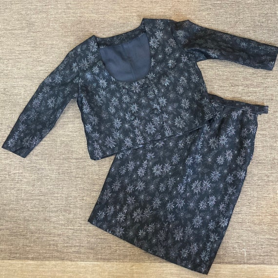 Vintage 60s Mod Skirt Suit / Black with Silver Metall… - Gem