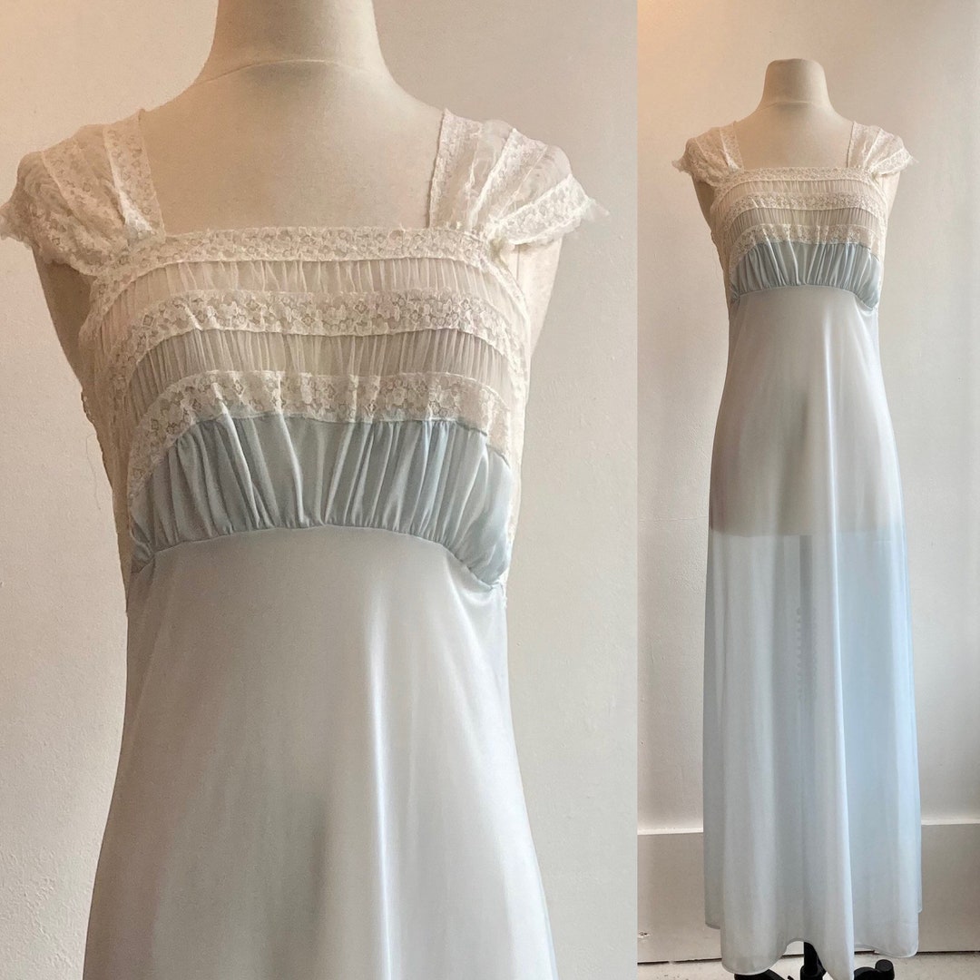 Vintage 40's 50s Empire Waist Goddess Nightgown / Blue Nylon LACE Pleat ...