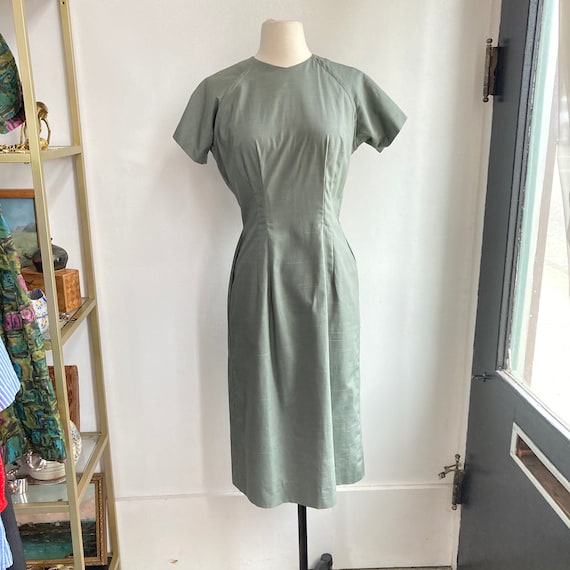 Vintage 50s Sexy Secretary Wiggle Dress Cotton Lin… Gem