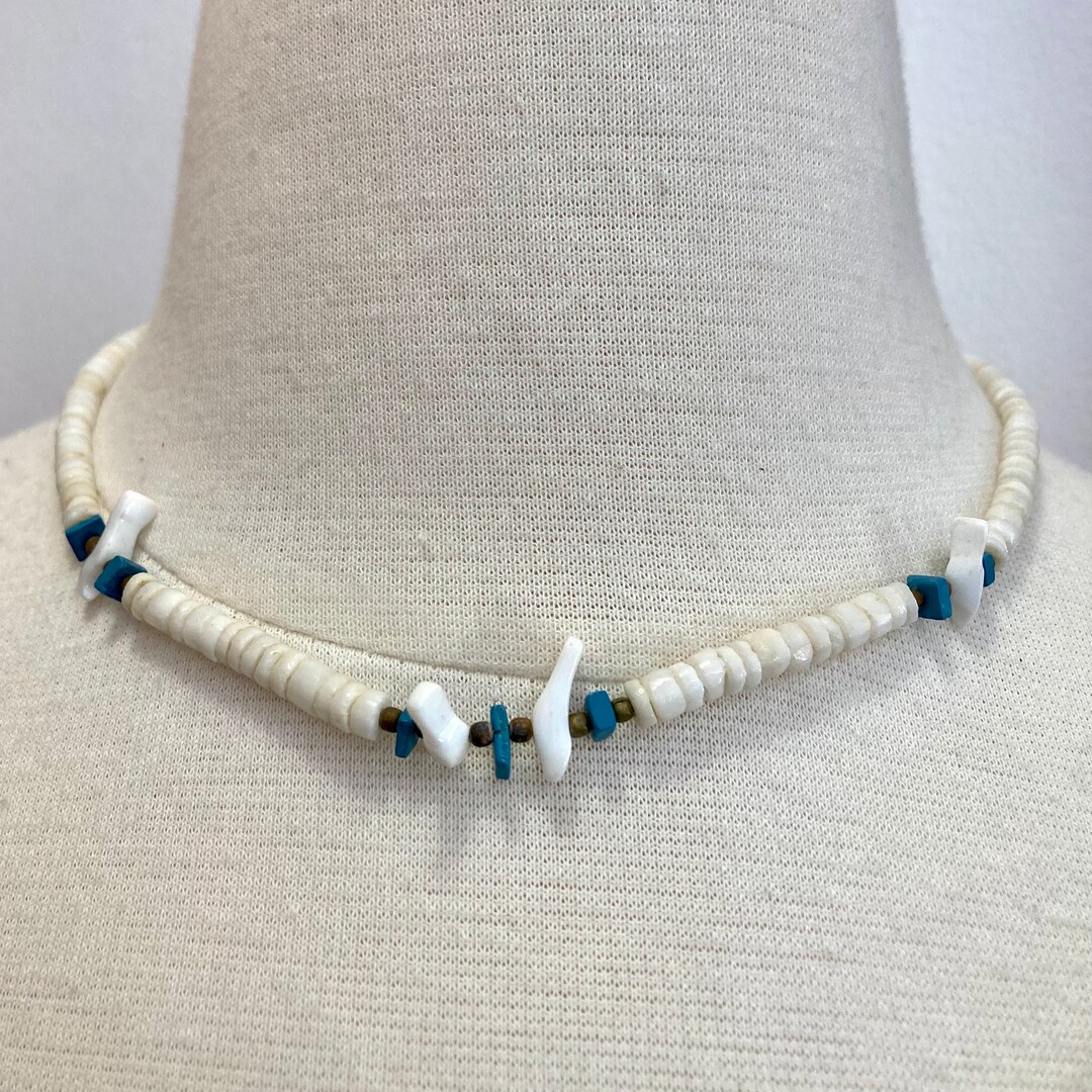 Vintage 80s PUKA Shell + TURQUOISE + Shell BIRDS Necklace / Puka Shell ...