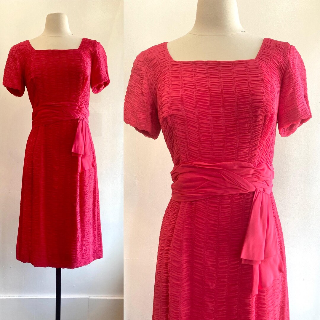 Vintage 50s Cocktail Dress / Hot Pink COFFIN PLEAT Silk CHIFFON ...