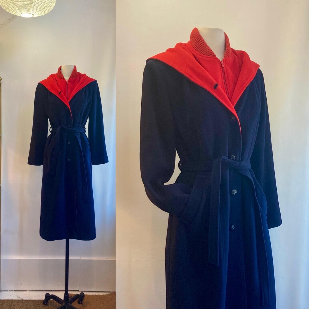 Vintage 70s Wool Coat / Macintosh VESTCOAT / Navy Blue + Red / HOOD ...