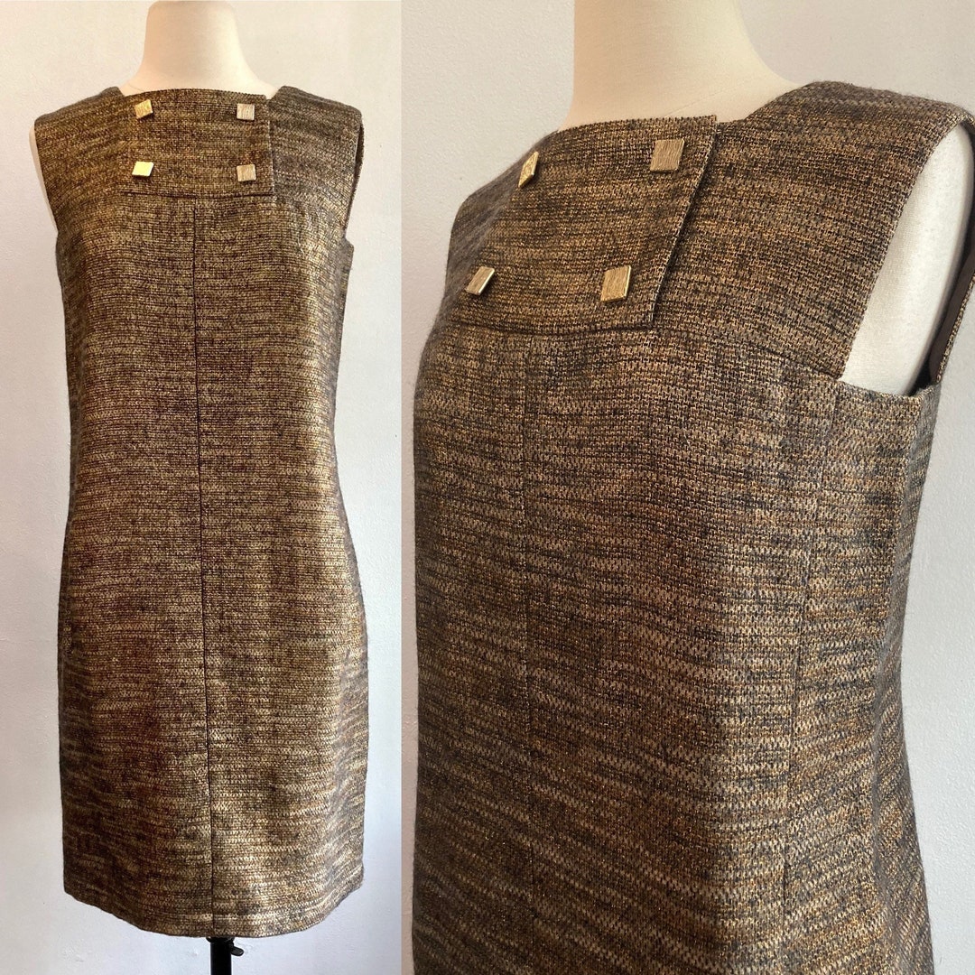 Vintage 60s Gold Metallic Mod Party Dress / Knit With GOLD THREADS ...
