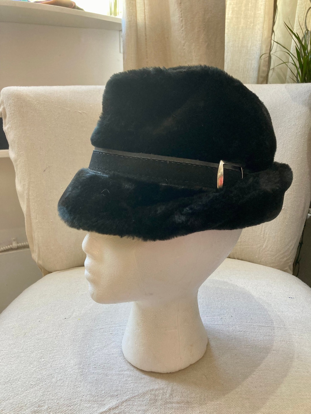 Vintage 60s FAUX FUR FEDORA / Quilted Lining + Ear Flaps / Faux Leather ...