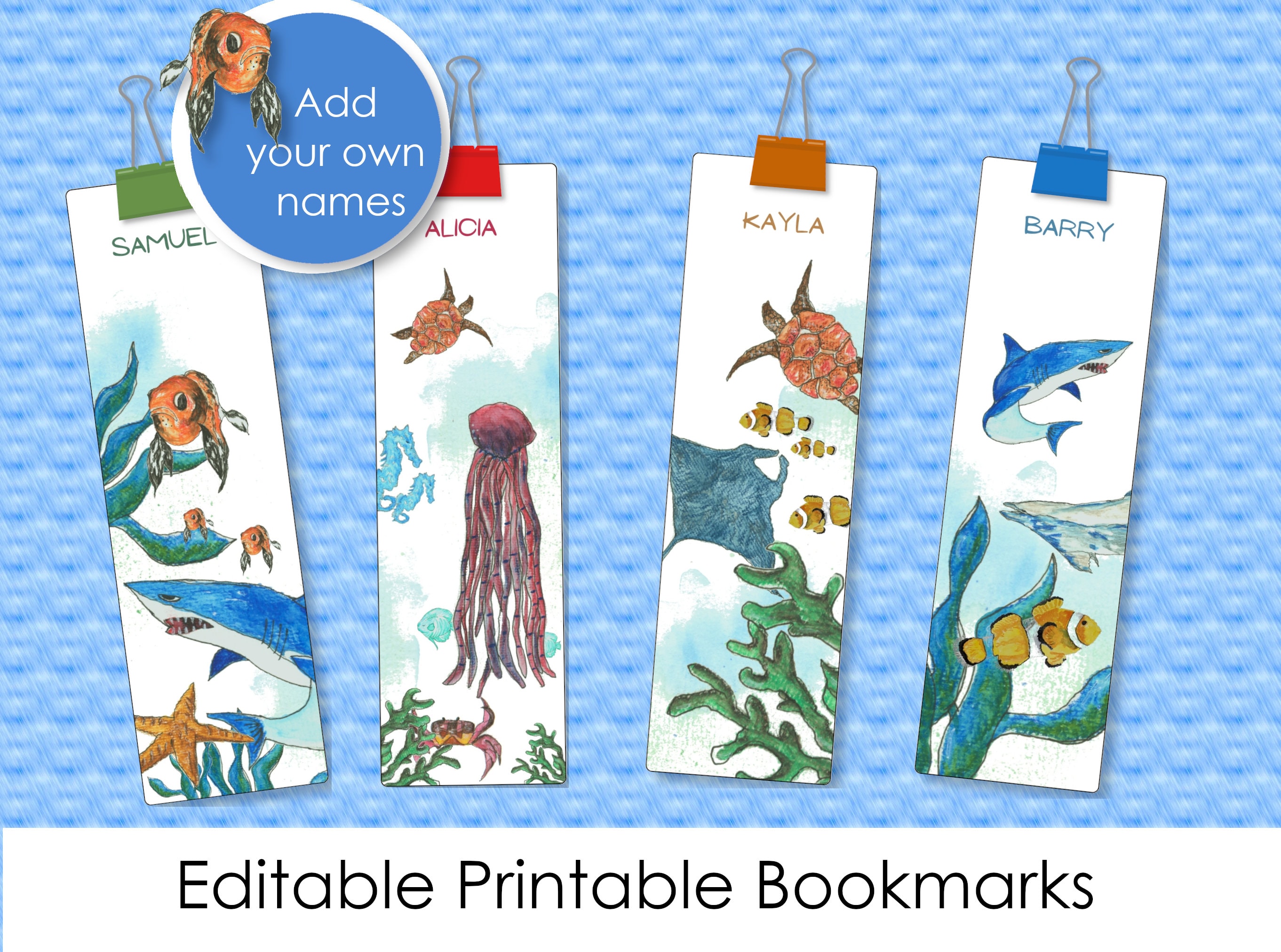 Watercolor Ocean Bookmarks Printable Bookmarks for Kids Editable ...