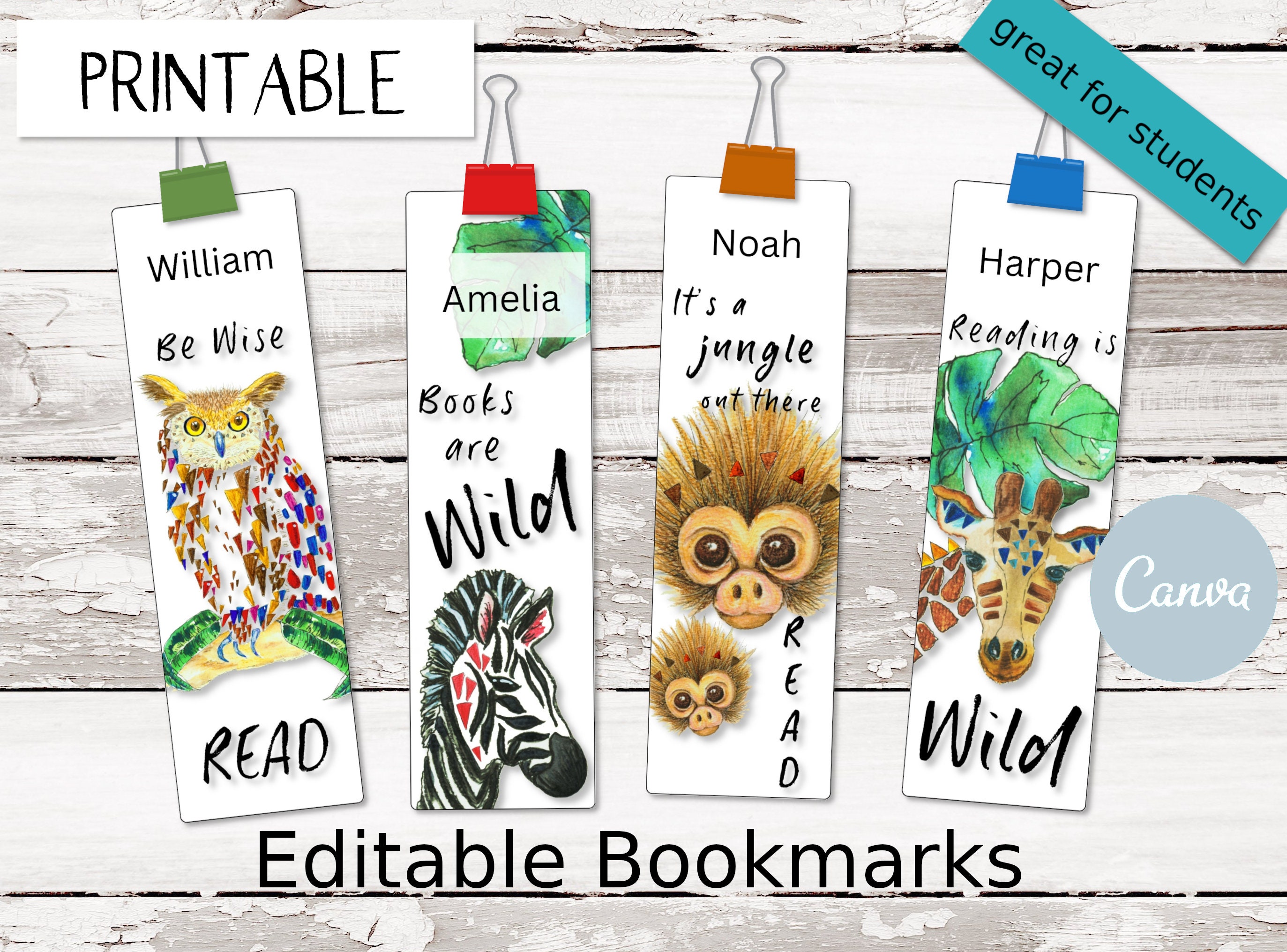 Printable Bookmarks for Kids, Reading Animal Bookmarks, Editable ...