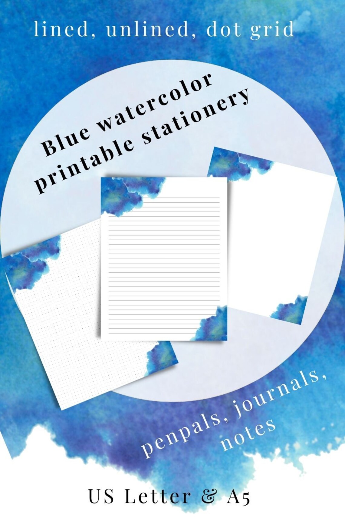Blue Watercolor Stationery: Abstract Journal Paper (digital Download ...