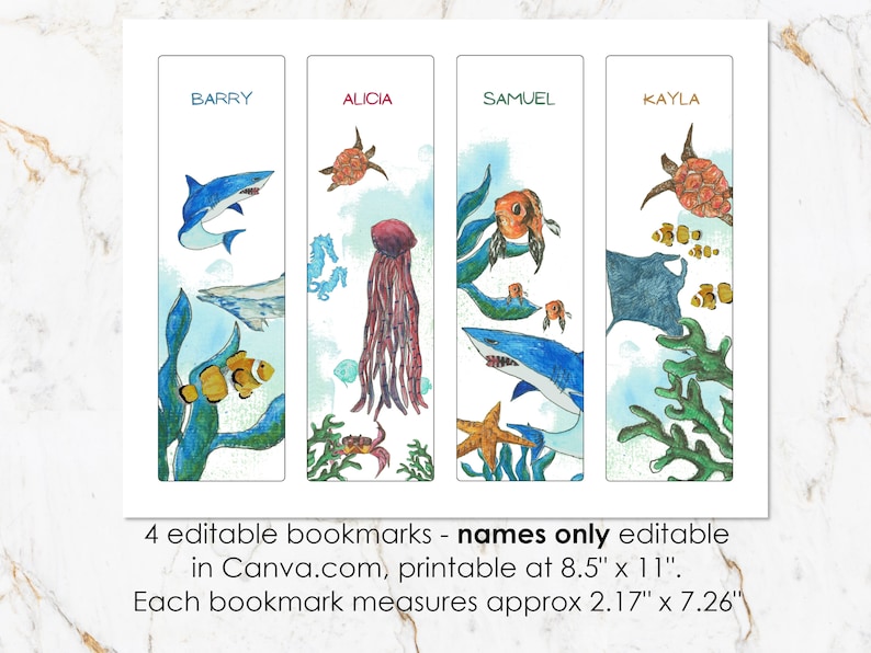 Watercolor Ocean Bookmarks Printable Bookmarks for Kids Editable ...