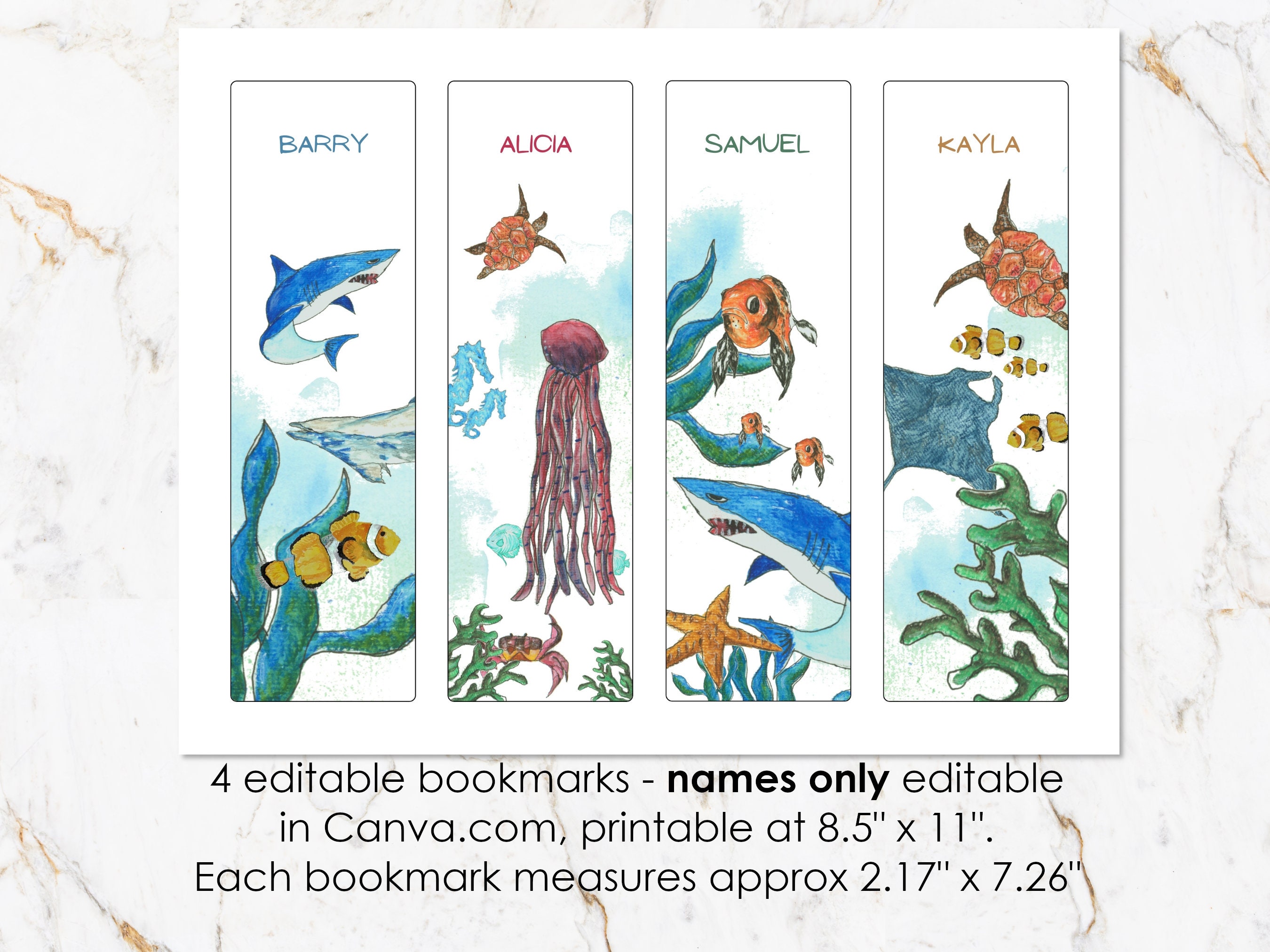 Watercolor Ocean Bookmarks Printable Bookmarks for Kids Editable ...