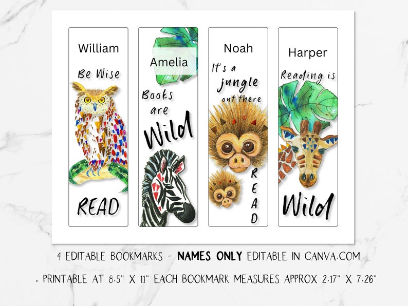 Printable Bookmarks for Kids, Reading Animal Bookmarks, Editable ...