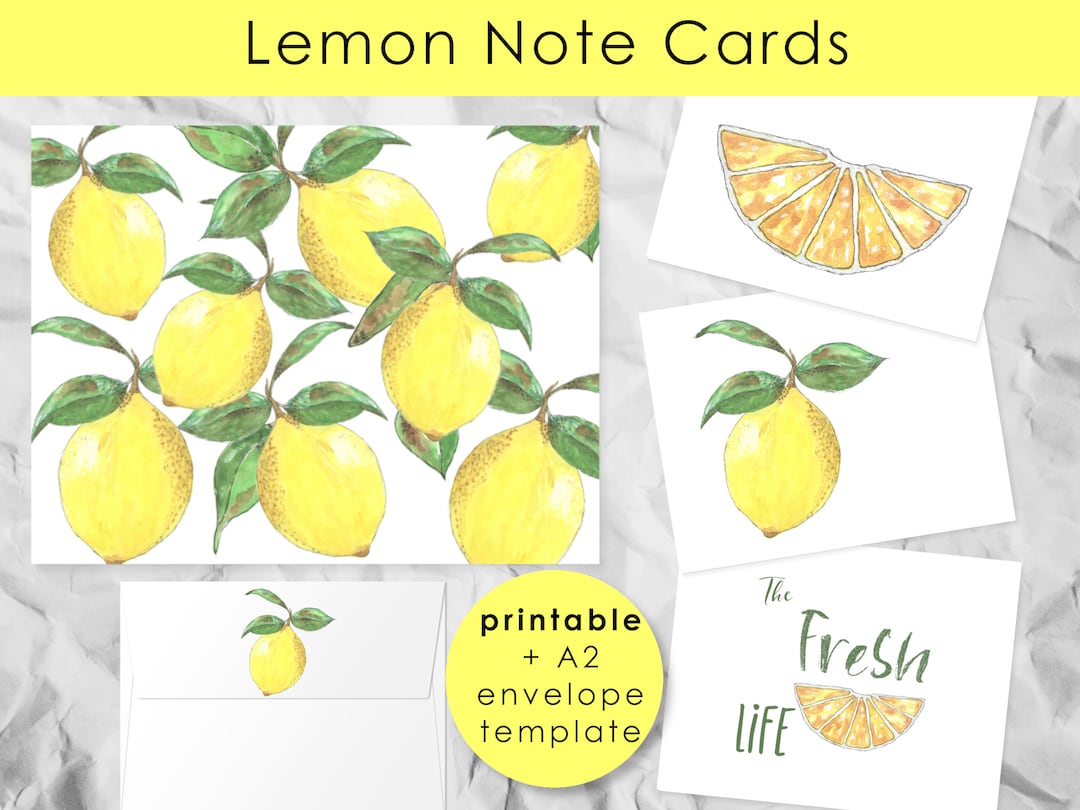 Watercolor Lemon Note Cards: Printable Citrus Stationery (A2 Envelope ...